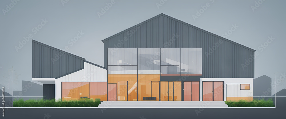 Illustrative frontal view of a new, modern and clearly architecturally ...