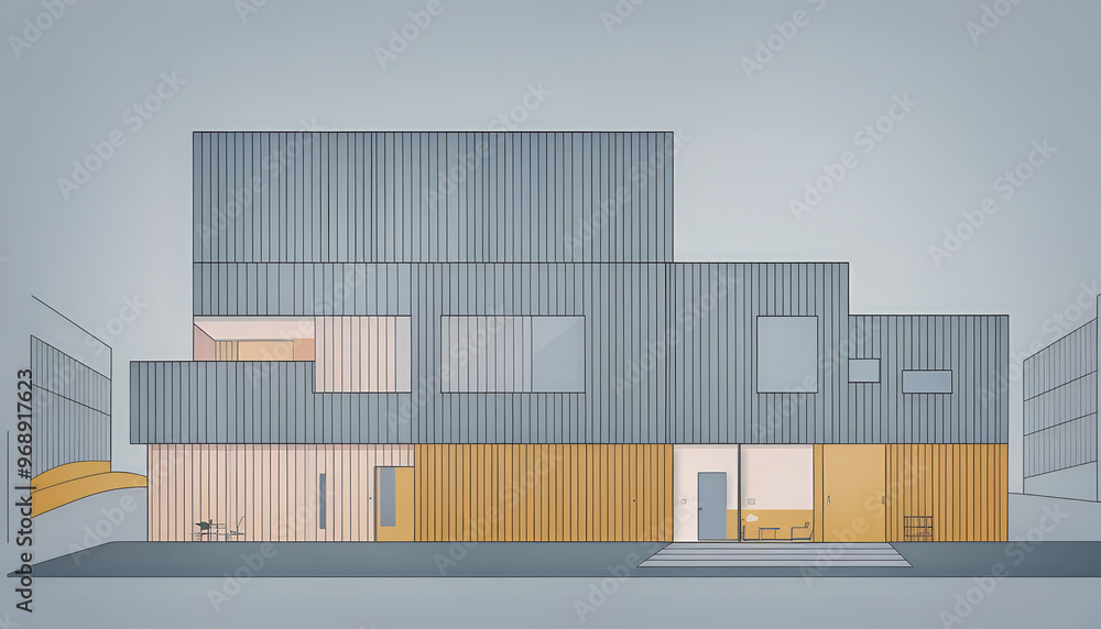 Illustrative frontal view of a new, modern and clearly architecturally ...