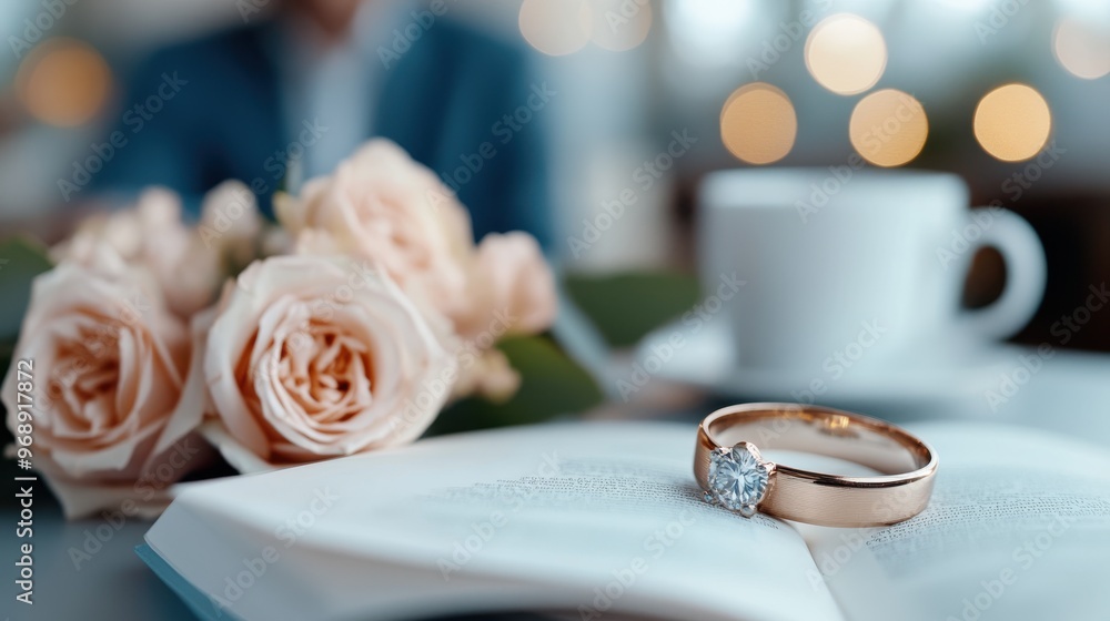 An engagement ring rests on an open book, accompanied by soft peach ...