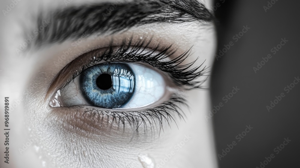 An up-close photograph of a blue eye with reflections and a tear drop ...