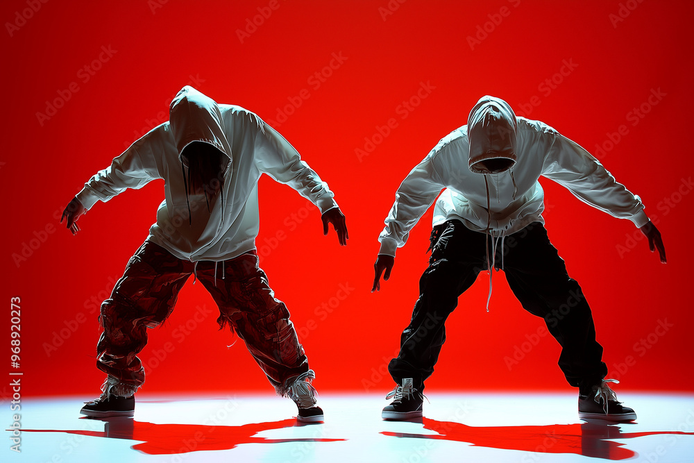 Capture two dynamic figures performing contemporary hip-hop dance ...