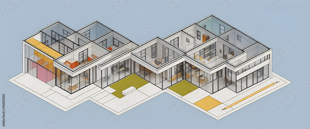 Illustrative frontal view of a new, modern and clearly architecturally ...