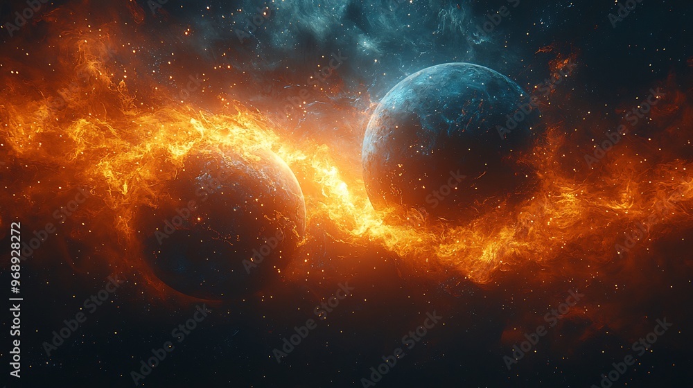 Semiabstract cosmic bridge connecting two planets with glowing energy ...