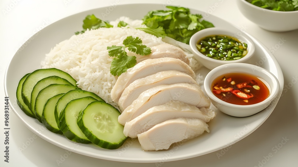 3D illustration of Hainanese chicken rice featuring tender poached ...