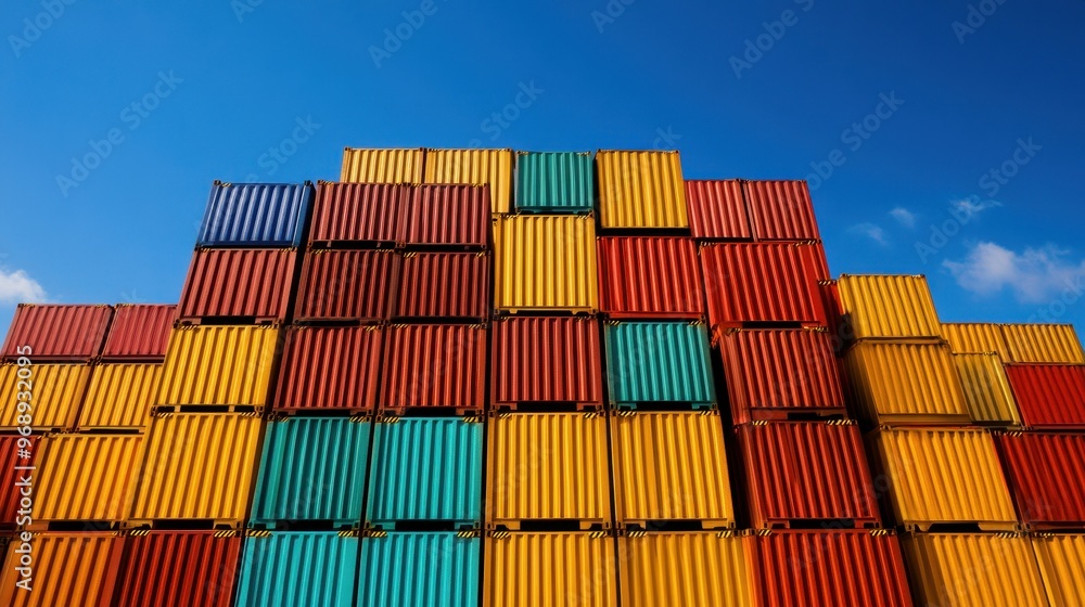 Stacked shipping containers at a commercial port, a nexus of import and ...