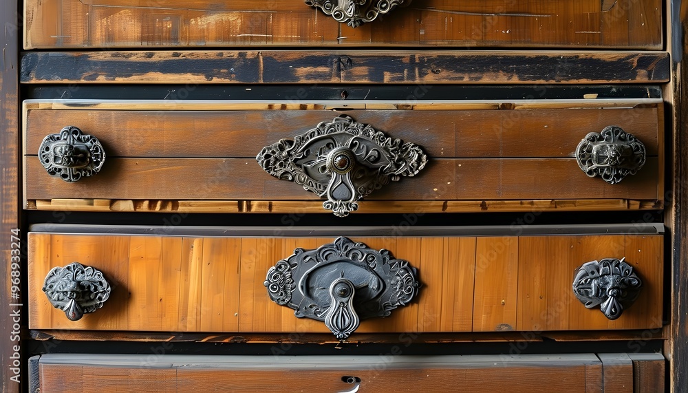 Vintage wooden drawers with ornate handles, celebrating craftsmanship ...
