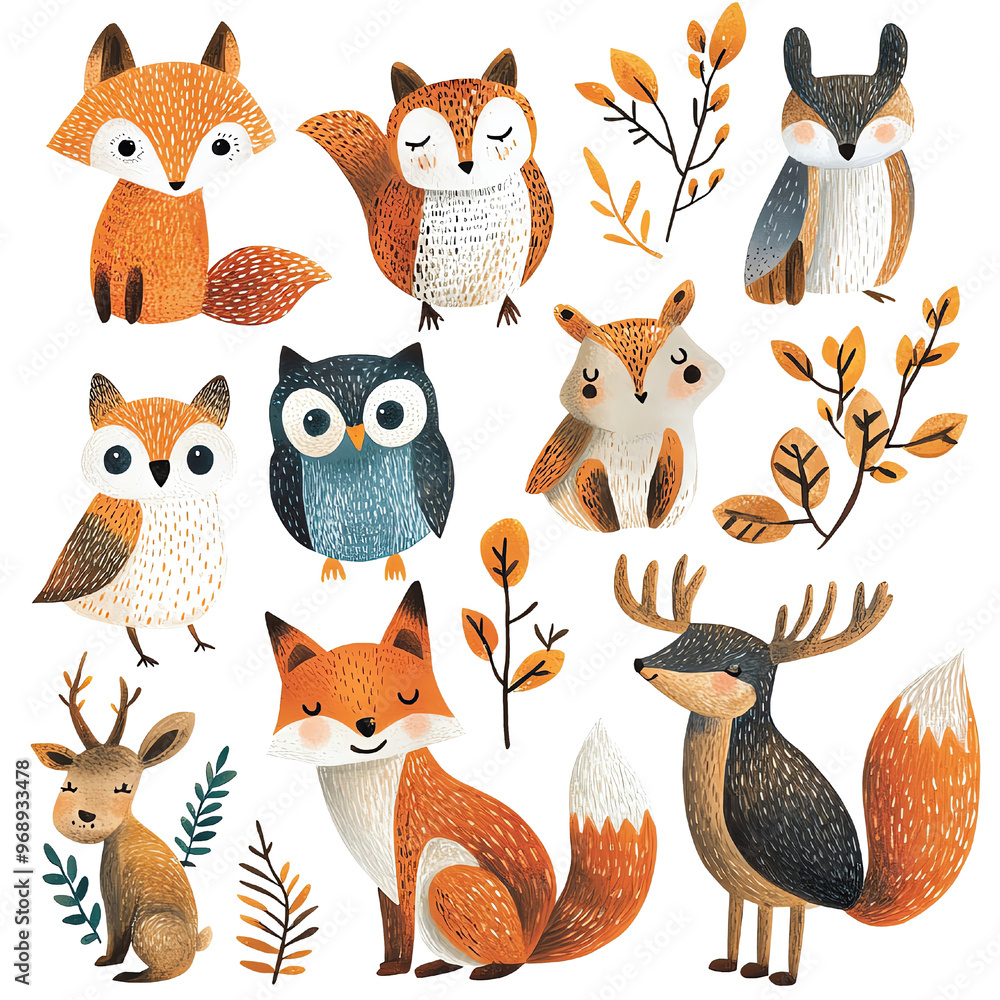 Cute woodland animals illustration including fox, owl, deer, and ...