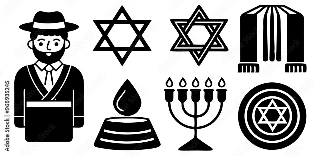Jewish icon set featuring star of david, menorah, and traditional ...