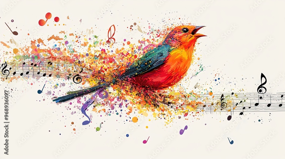 An image displaying an artistic rendition of a bird with musical notes ...