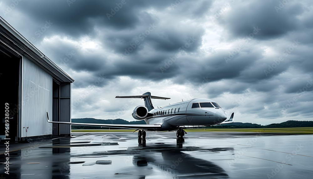 Luxurious private jet on the tarmac beside an airport hangar under a ...
