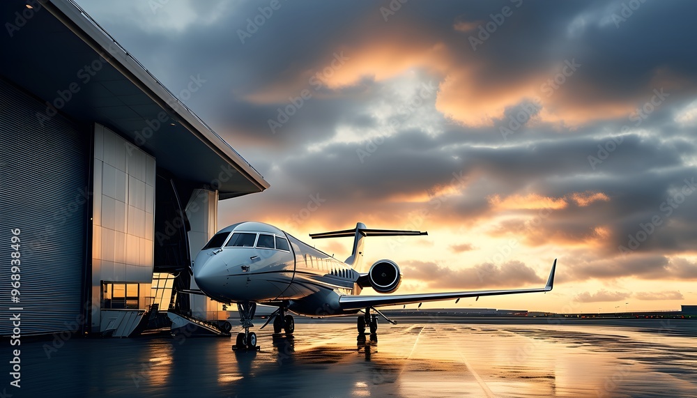 Luxurious private jet on the tarmac beside an airport hangar under a ...