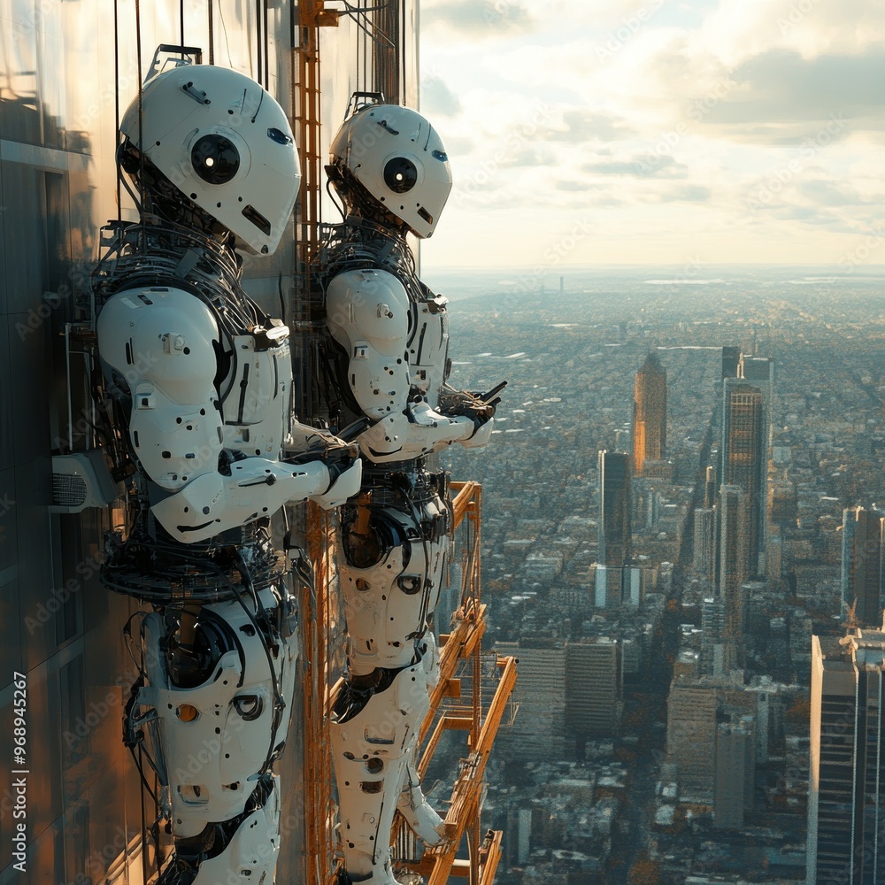 Autonomous AI-driven construction workers building eco-friendly ...