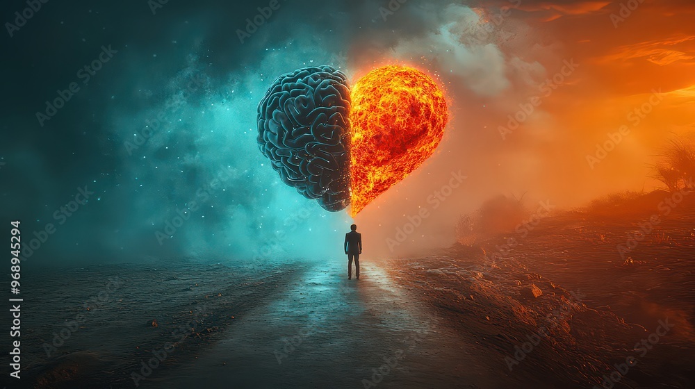 Figure standing before heart divided between fire and ice, symbolizing ...
