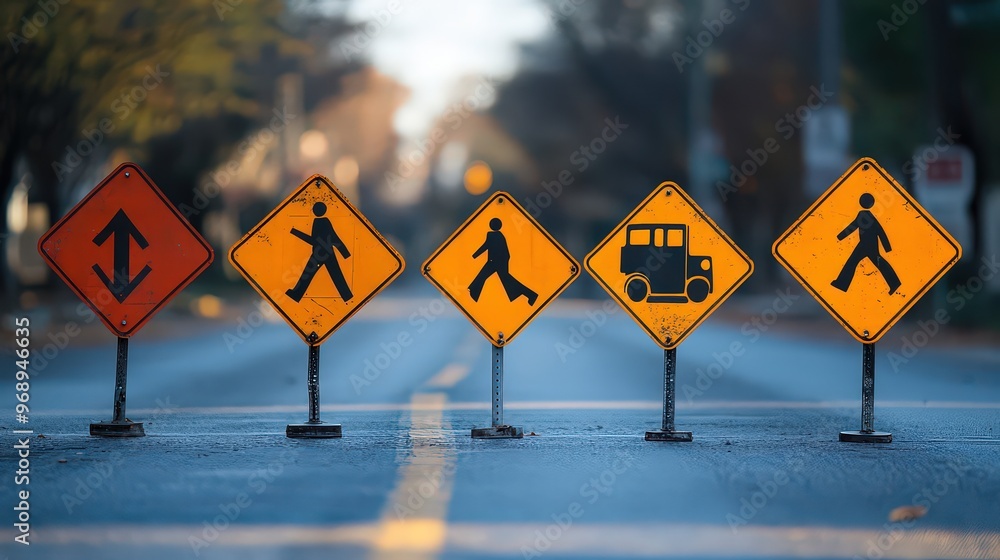 Multiple road signs line an empty street, including pedestrian crossing ...