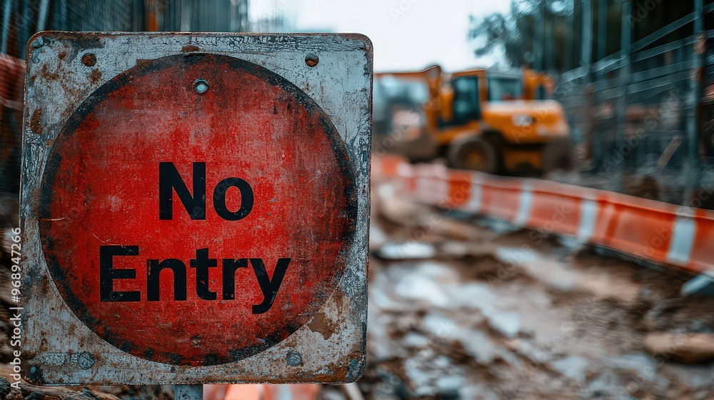 "No Entry" sign at construction site entrance, restricting access for ...