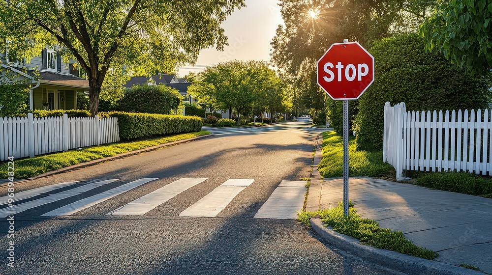 Stop sign by a white picket fence in a suburban neighborhood during ...