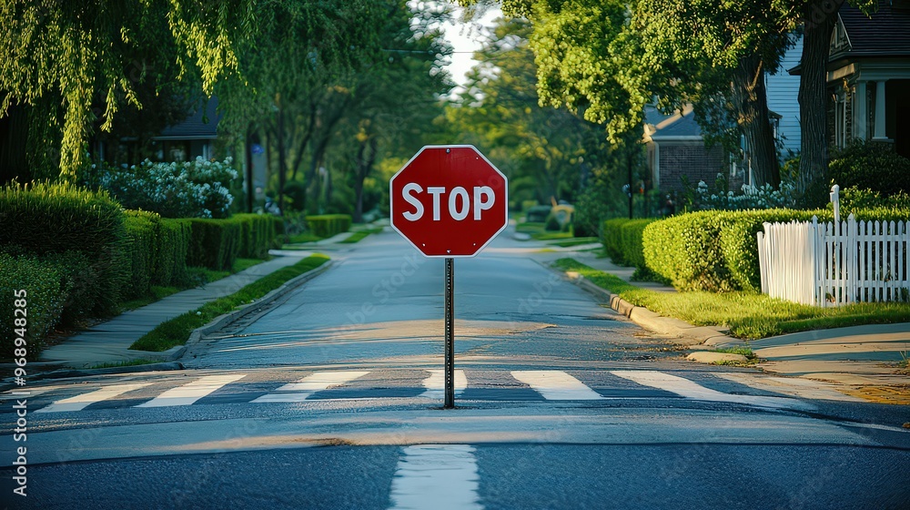 Stop sign stands at a crosswalk in a quiet residential neighborhood ...