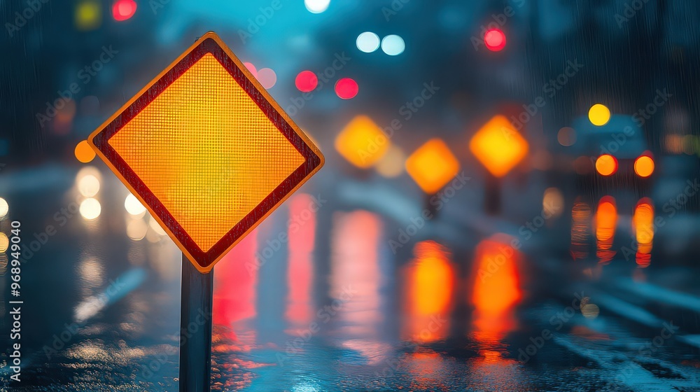 Bright warning sign glowing on a rainy evening, reflecting off the wet ...