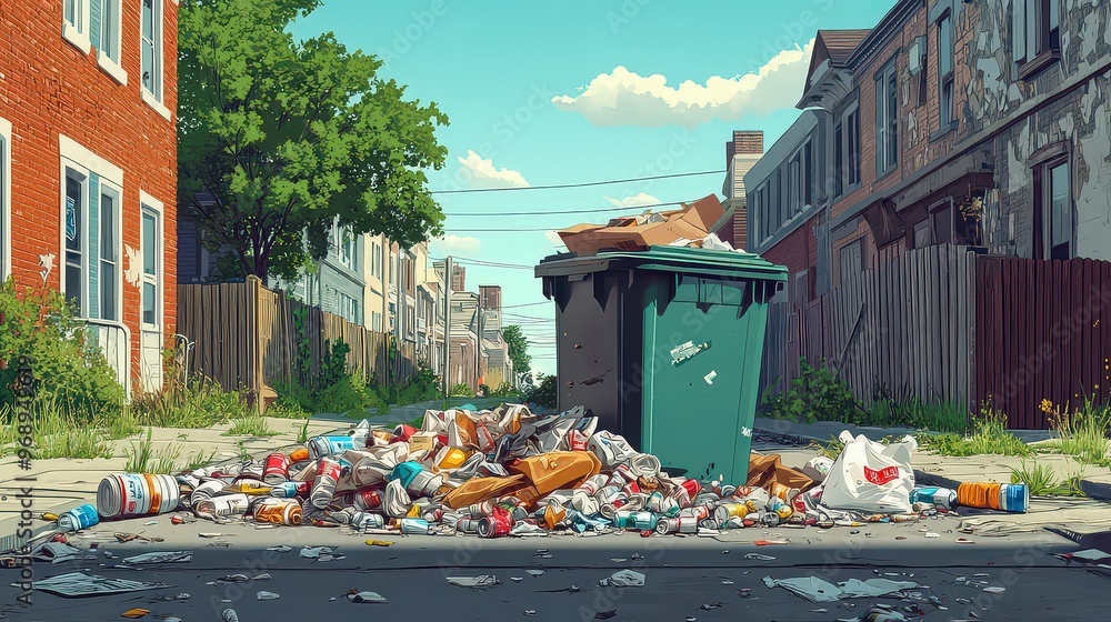 Overflowing garbage and litter surround a green bin in an urban alley ...