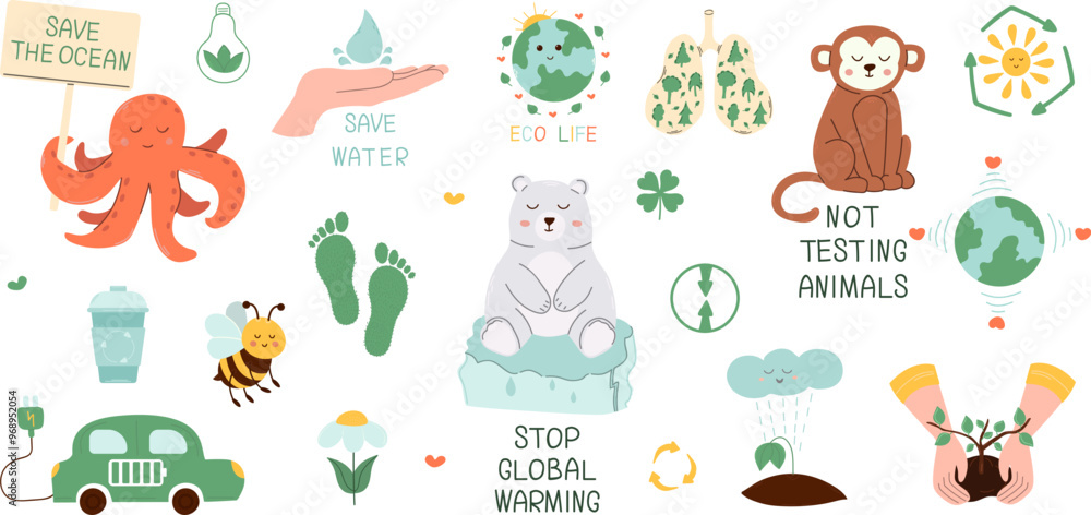 Environmentally friendly set with cute animals. Ecological ...