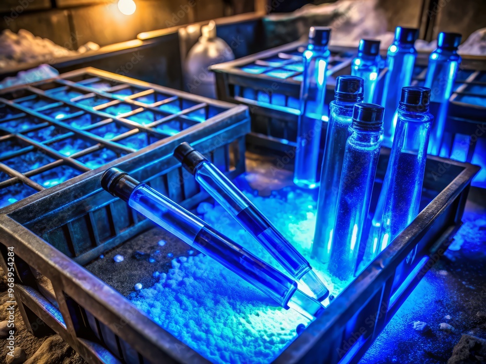 "Glowing blue tubes line alien laboratory crates as a malfunctioning ...