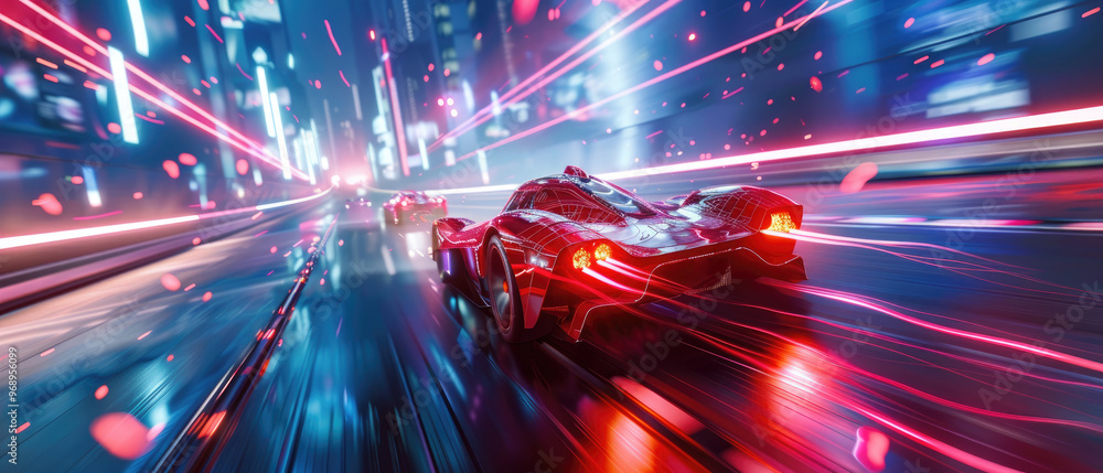 Futuristic car racing through neon-lit city streets at high speed ...