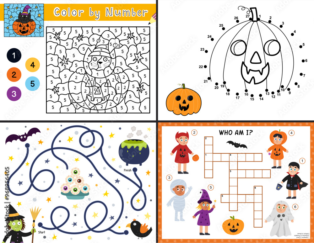 Halloween activity pages set for kids. Funny games collection in US ...