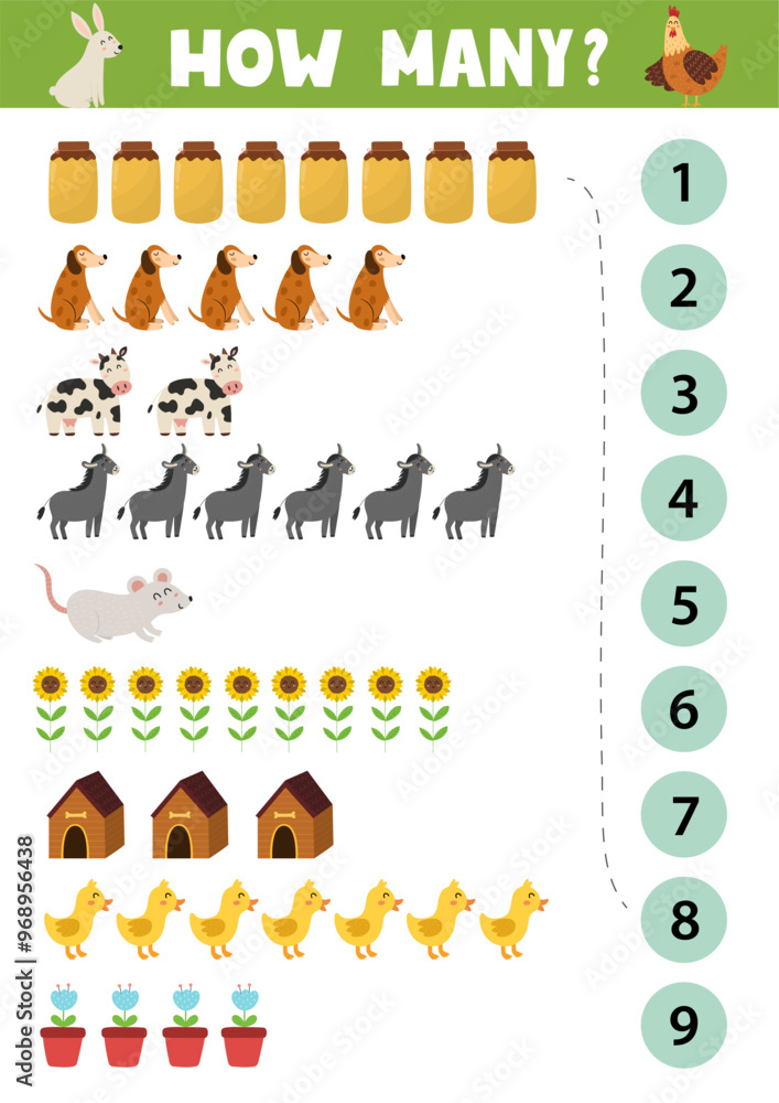 Count and match activity page for kids with cute farm animals and ...