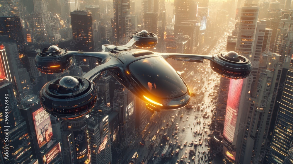 Autonomous AI-driven flying taxis navigating city airspaces: Futuristic ...