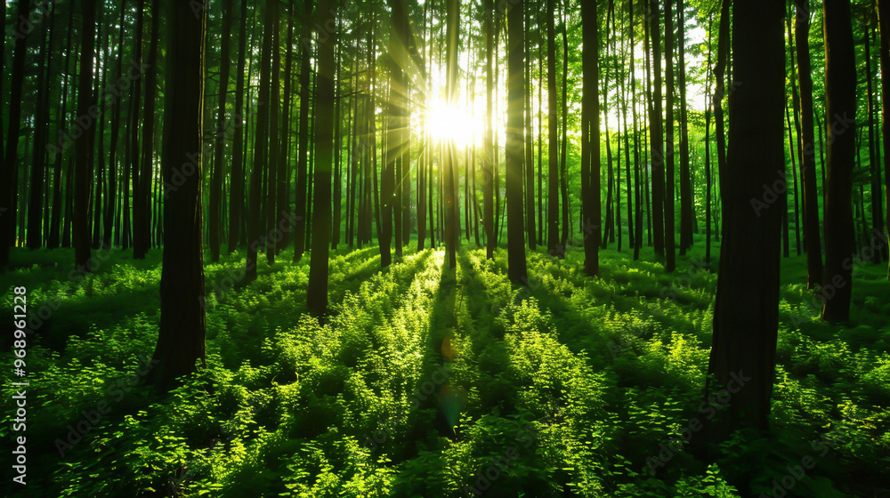 Lush green forest, sunlight filtering through trees, side view ...