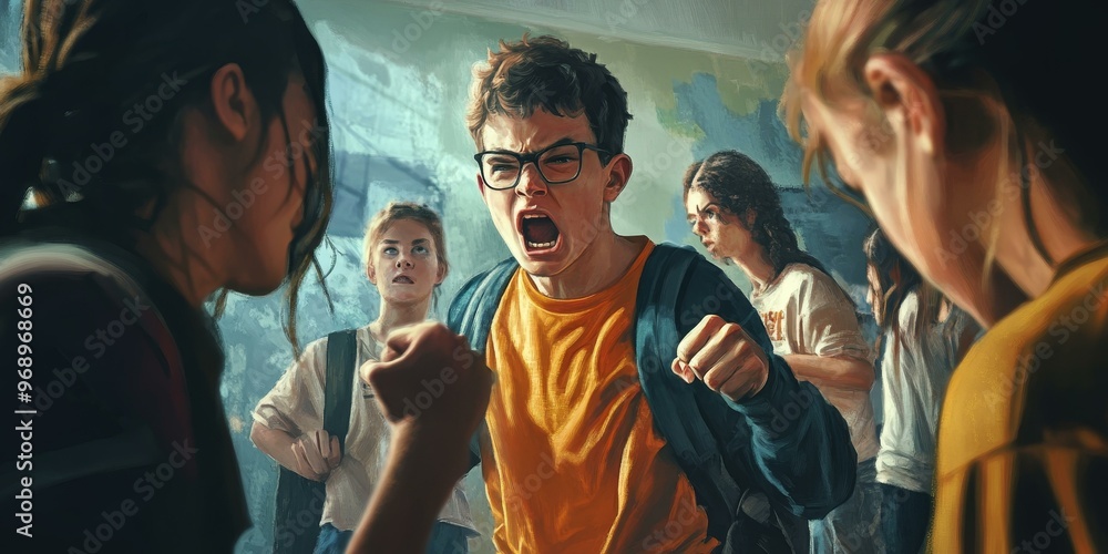 Angry boy yells at girls in a school hallway. Stock Illustration ...