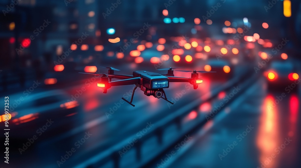 Autonomous AI-driven police drones monitoring high-traffic areas for ...