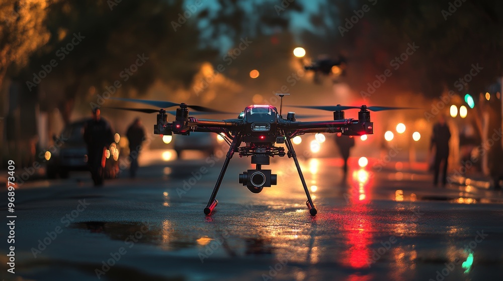 Autonomous AI-driven police drones monitoring high-traffic areas for ...