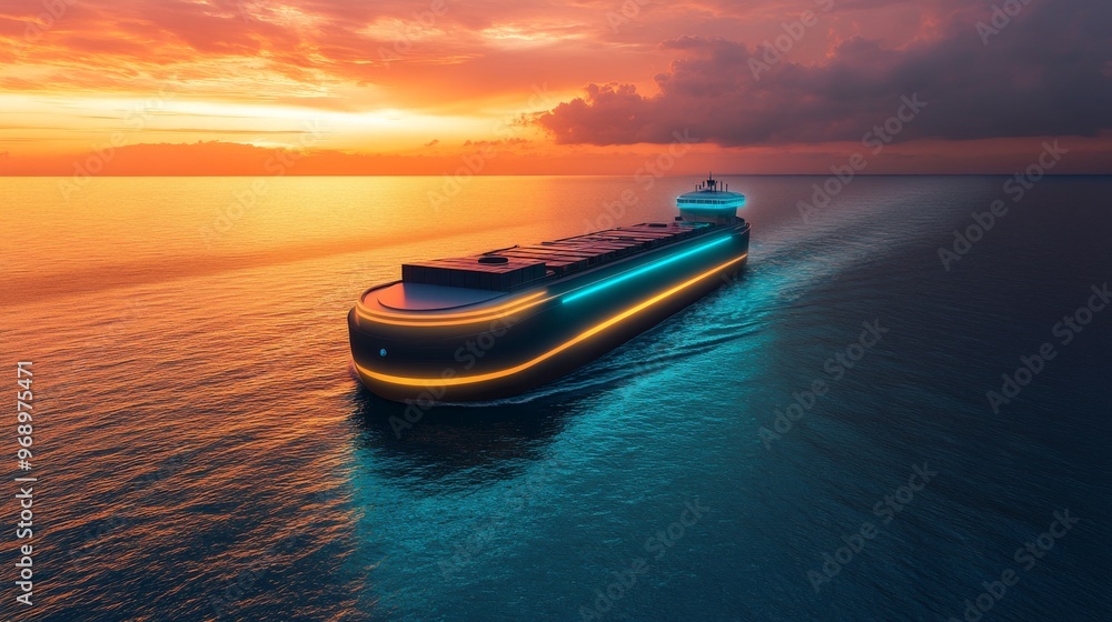 Futuristic AI-powered autonomous cargo ships navigating international ...