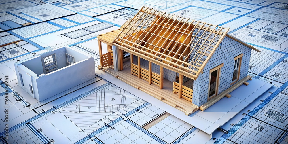 "Blueprints of a partially constructed building showing foundation ...