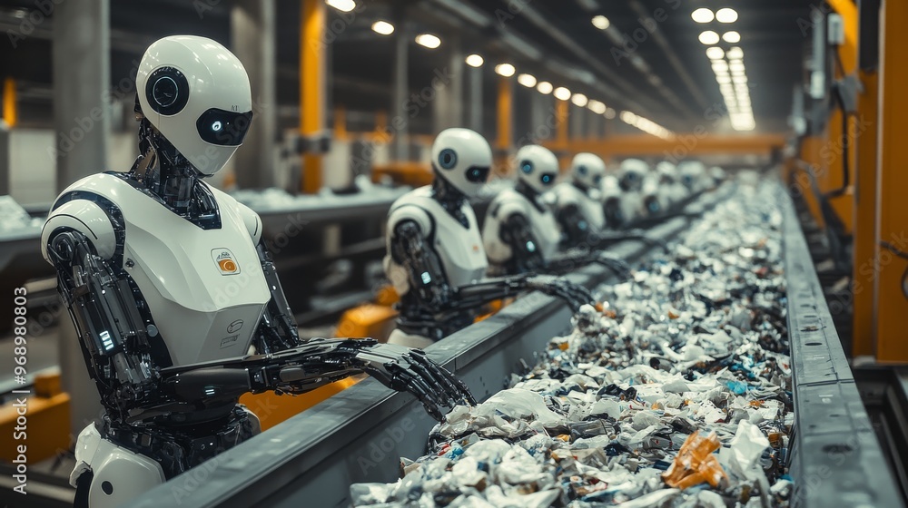 Autonomous AI-driven robots sorting and recycling waste in real-time: Robots in a futuristic ...