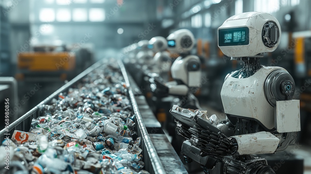 Autonomous AI-driven robots sorting and recycling waste in real-time: Robots in a futuristic ...