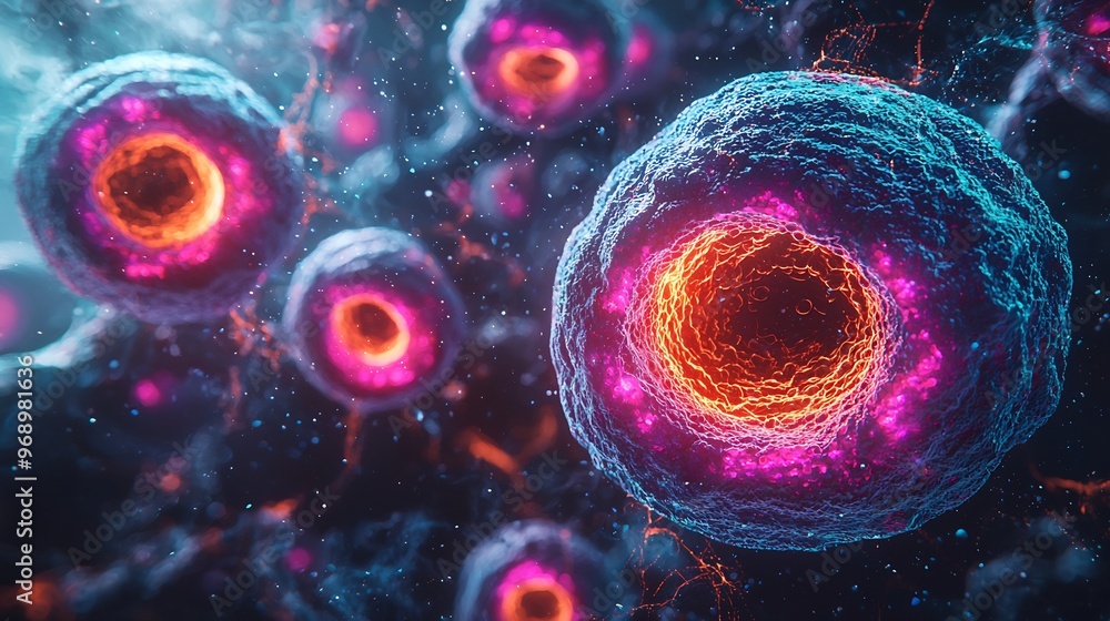 Semiabstract depiction of human cells undergoing mitosis with swirling ...