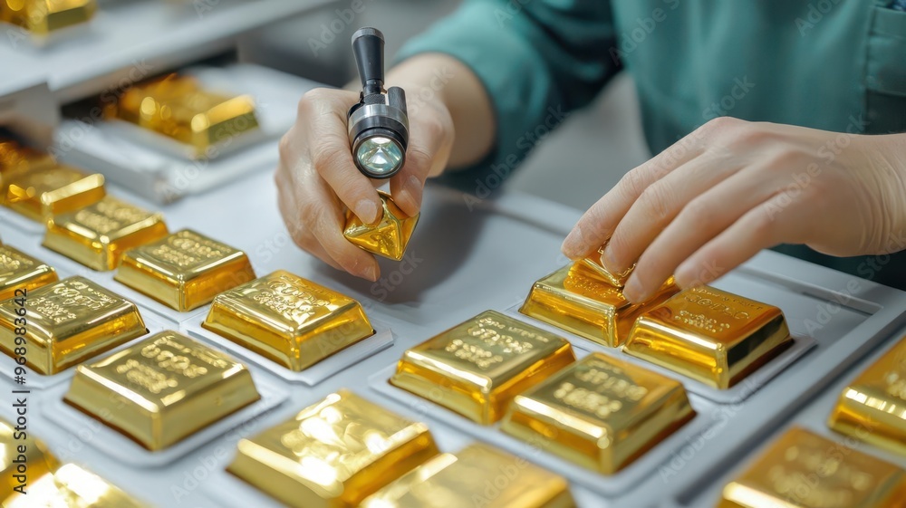 A worker inspecting gold bars with a loupe for quality control, Gold ...