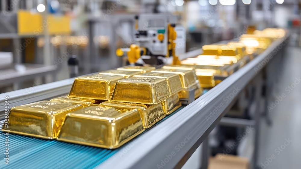 Large-scale industrial refinery with gold bars on conveyor belts, Gold ...