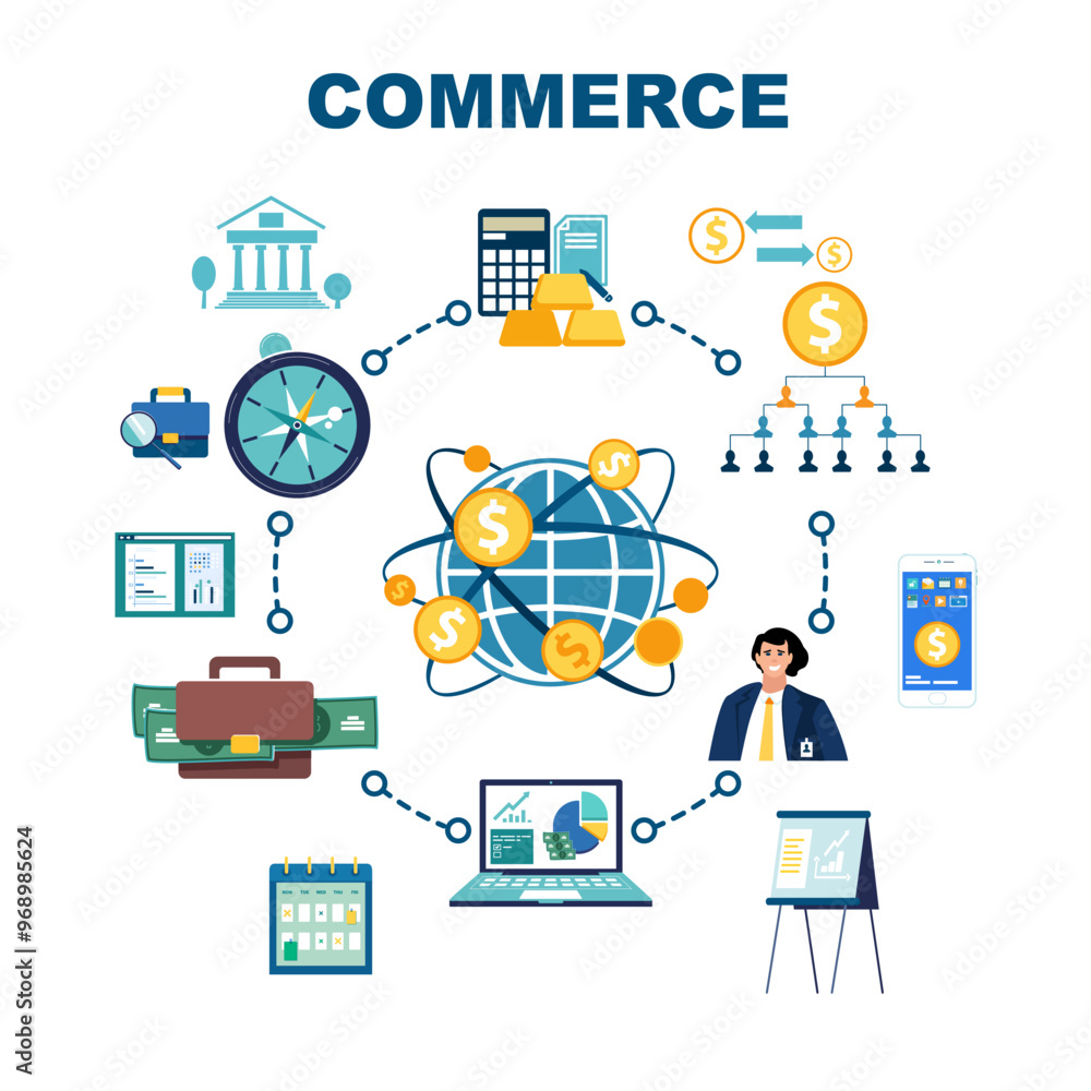 Vector illustration. Commerce is defined as the exchange of goods and ...
