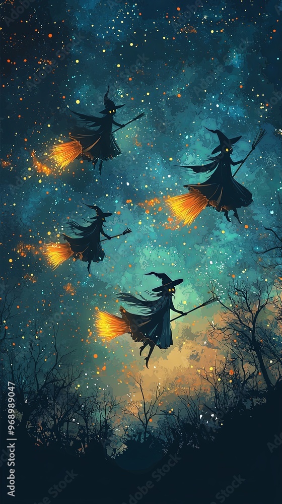 A dramatic night scene with four witches flying on their broomsticks ...