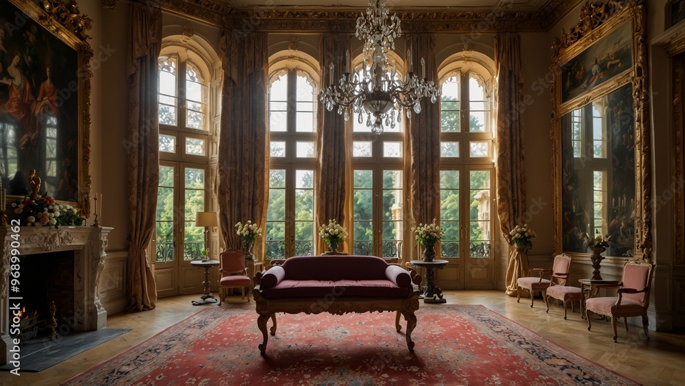 The grand hall of a Baroque palace, dripping with opulence. Ornate gold ...