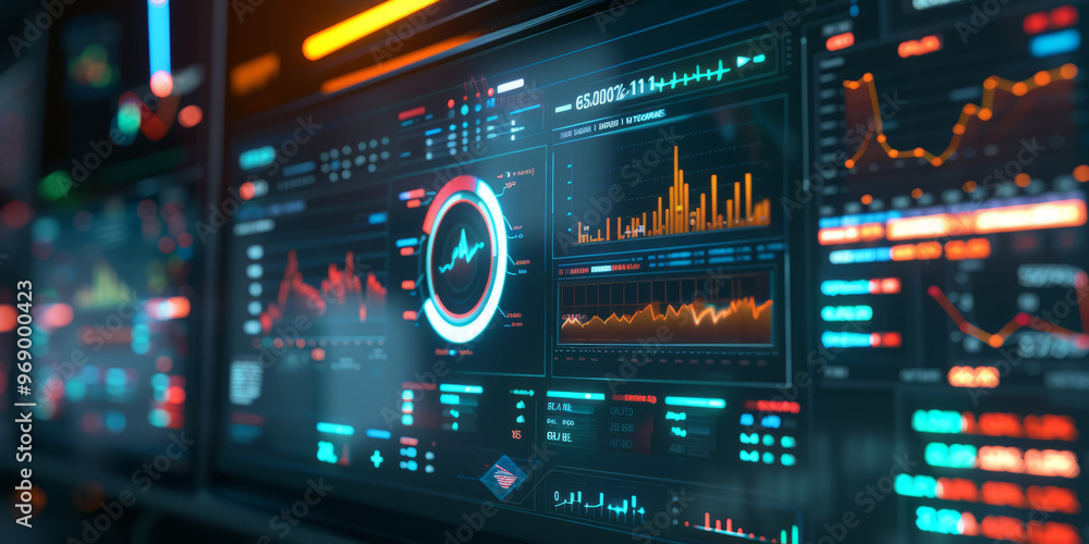 A high-tech computer screen displaying a detailed network monitoring ...