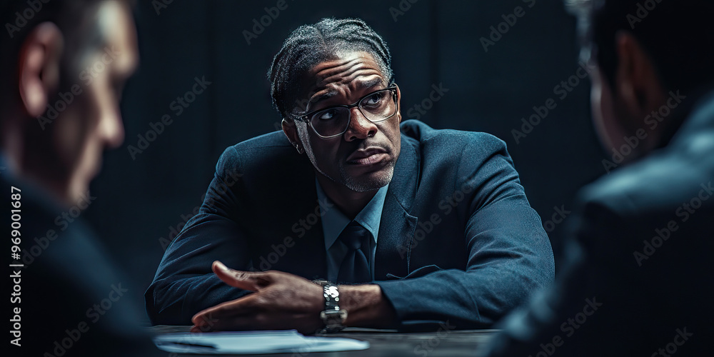 Interrogation Room Drama: Two FBI agents, one stern and one empathetic, questioning a handcuffed ...