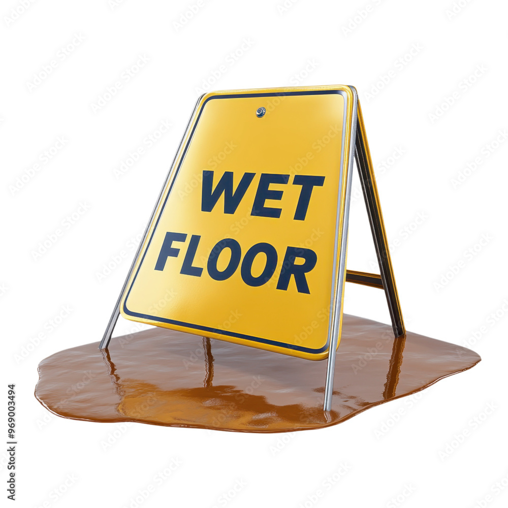 Yellow caution wet floor sign in a puddle, highlighting safety concerns ...