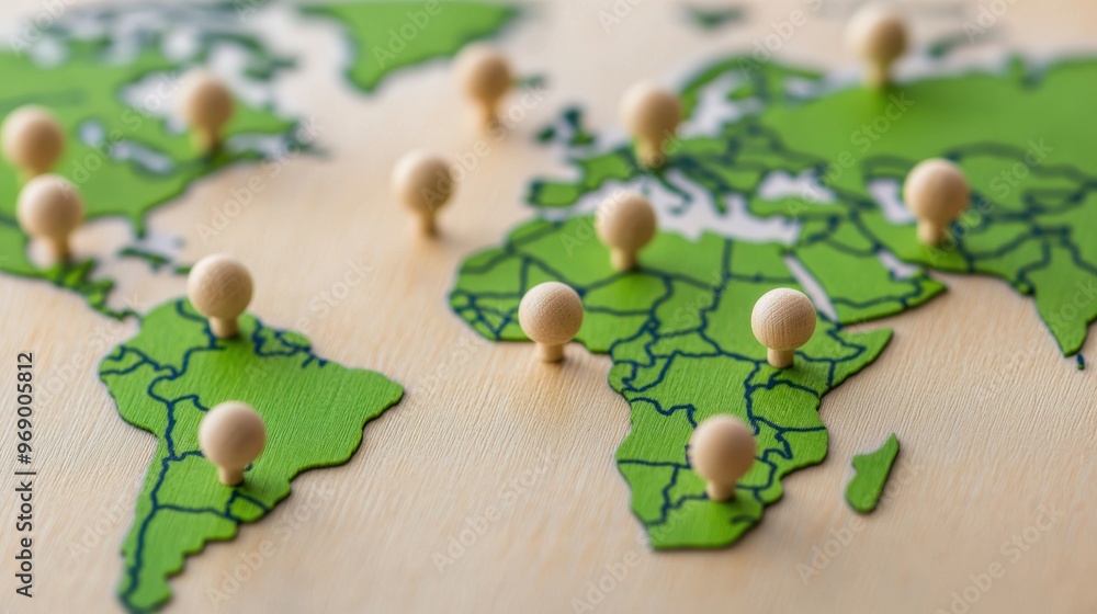 World map with markers indicating population density Close-up of a ...