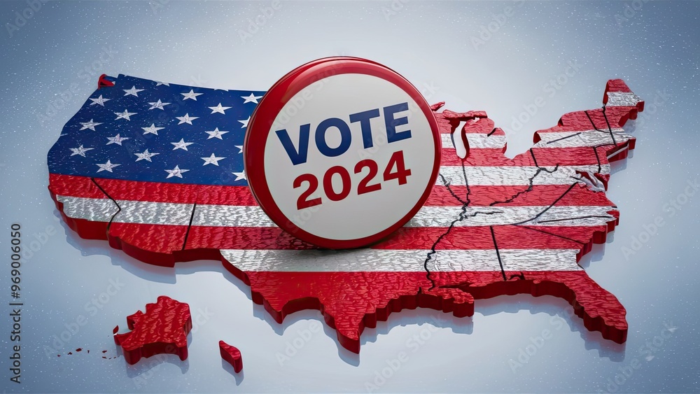 3D illustration of a USA map in American flag colors with a "VOTE 2024 ...