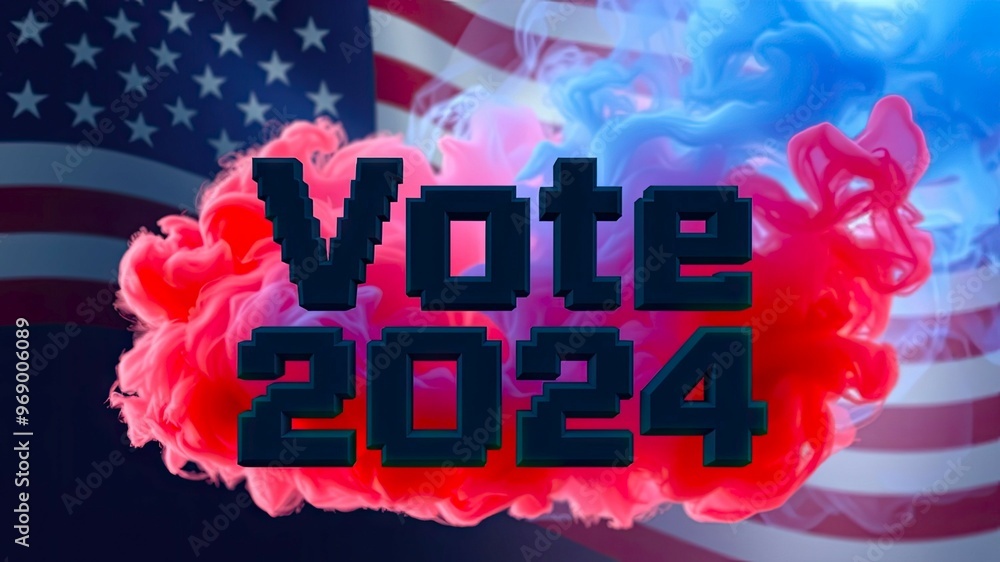 "VOTE 2024" in bold 3D text, enveloped by blue and red smoke with the ...