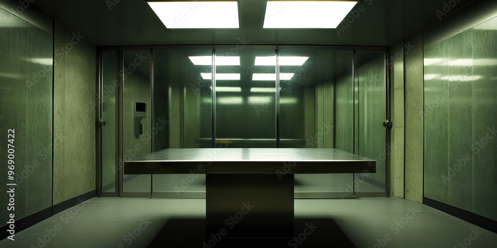 Interrogation Room: A dimly lit space, with a two-way mirror and a ...
